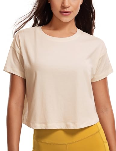 CRZ YOGA Women's Pima Cotton Workout Short Sleeve Shirts Loose Athletic Crop Tops Gym Casual Cropped T-Shirt White Opal Medium