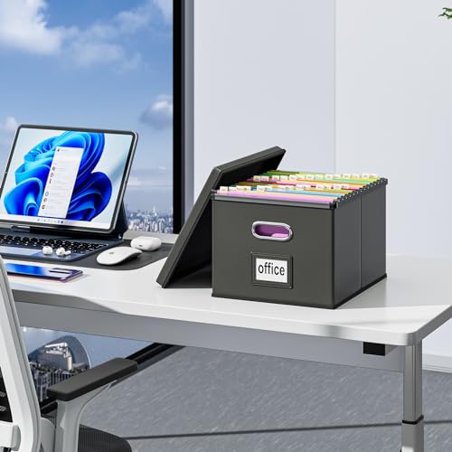 Huolewa Portable Leather File Organizer Boxes with Lids, Collapsible Linen Hanging Filing Storage Boxes with Plastic Slide, Decorative Home/Office Filing System Boxes for File and Folders Storage