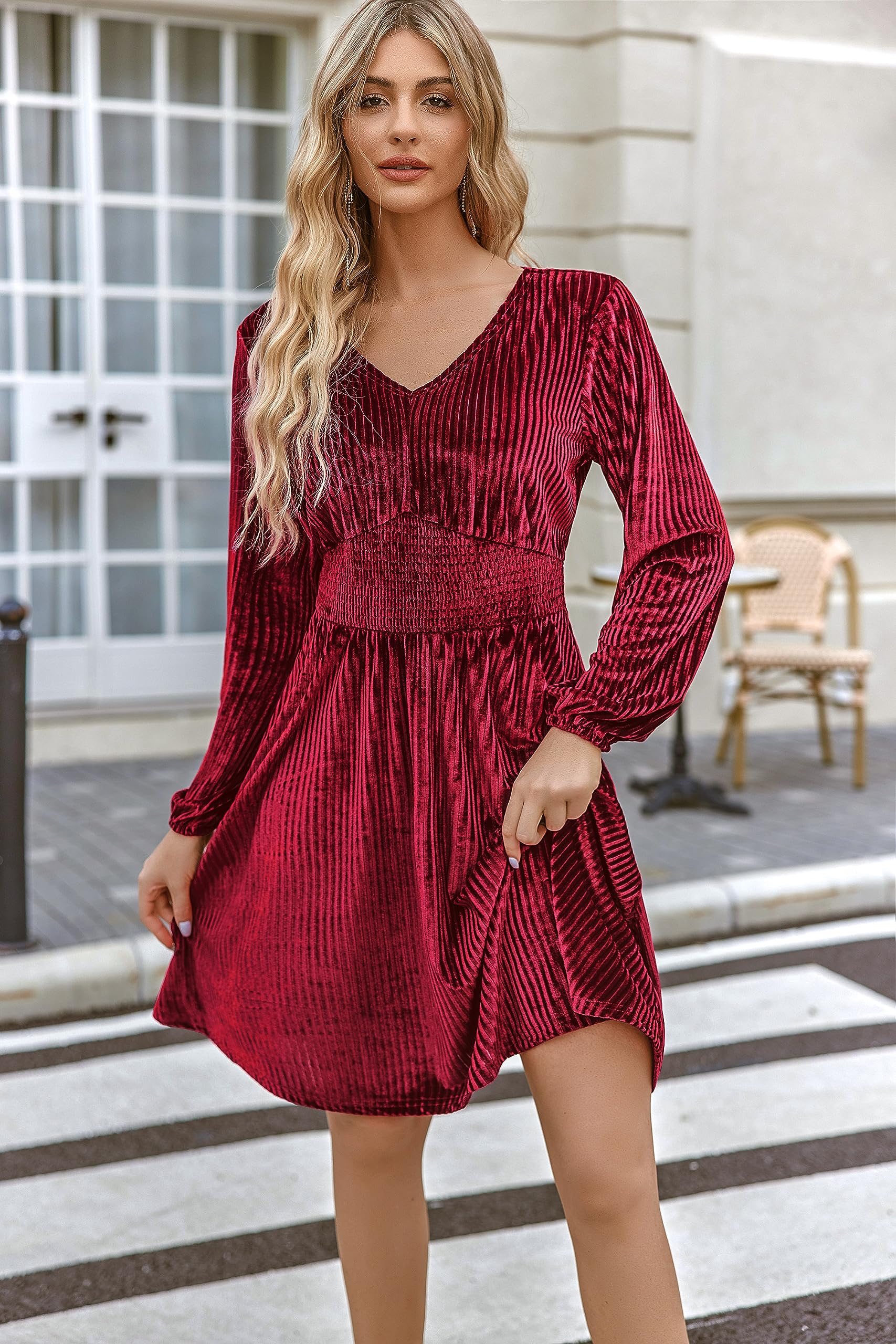 Zeagoo Women Fall Wedding Guest Dresses Plus Size Ladies Long Sleeve Dress Flowy Mini Formal Dinner Dress Wine Red,M