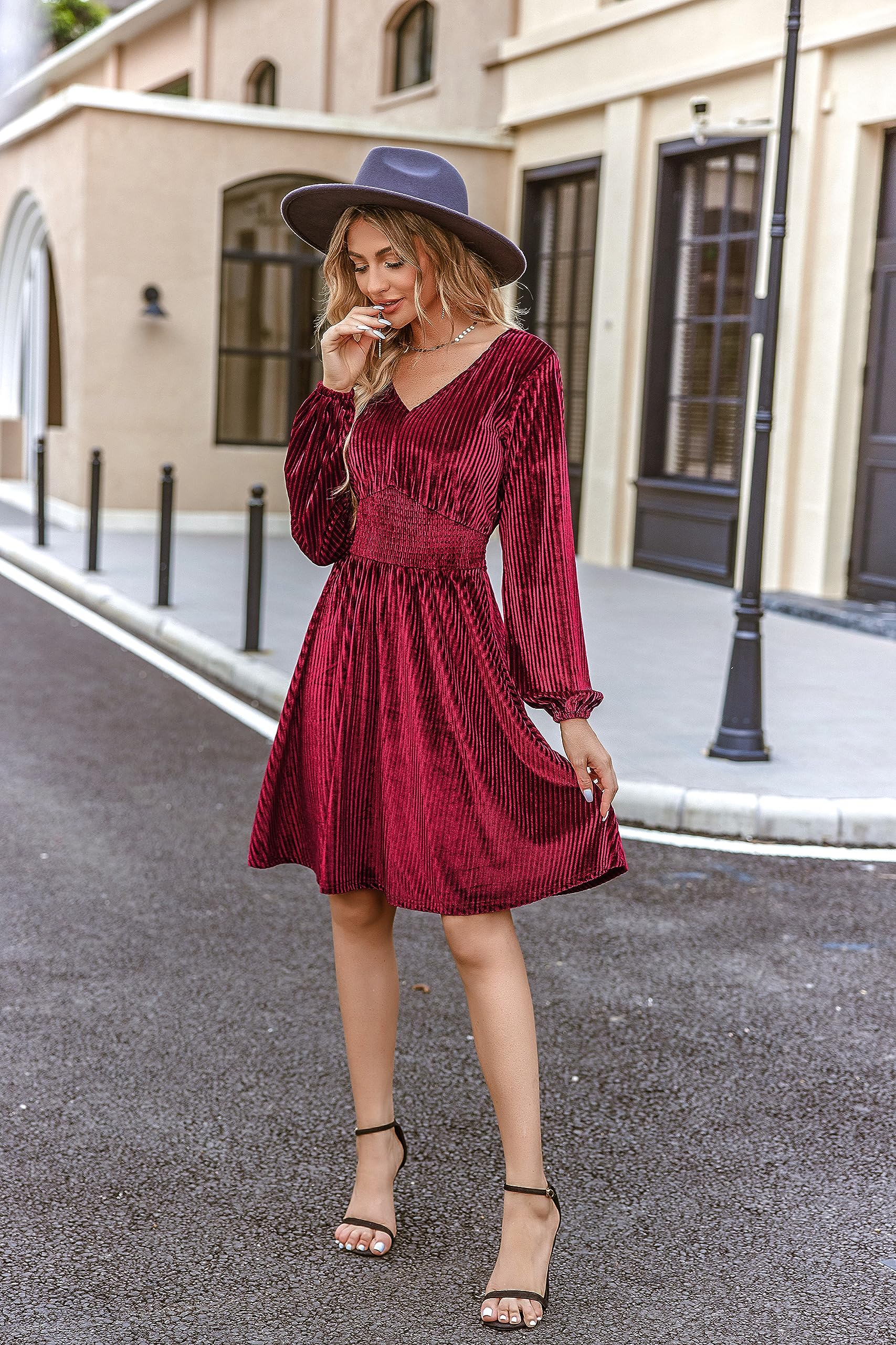 Zeagoo Women Fall Wedding Guest Dresses Plus Size Ladies Long Sleeve Dress Flowy Mini Formal Dinner Dress Wine Red,M