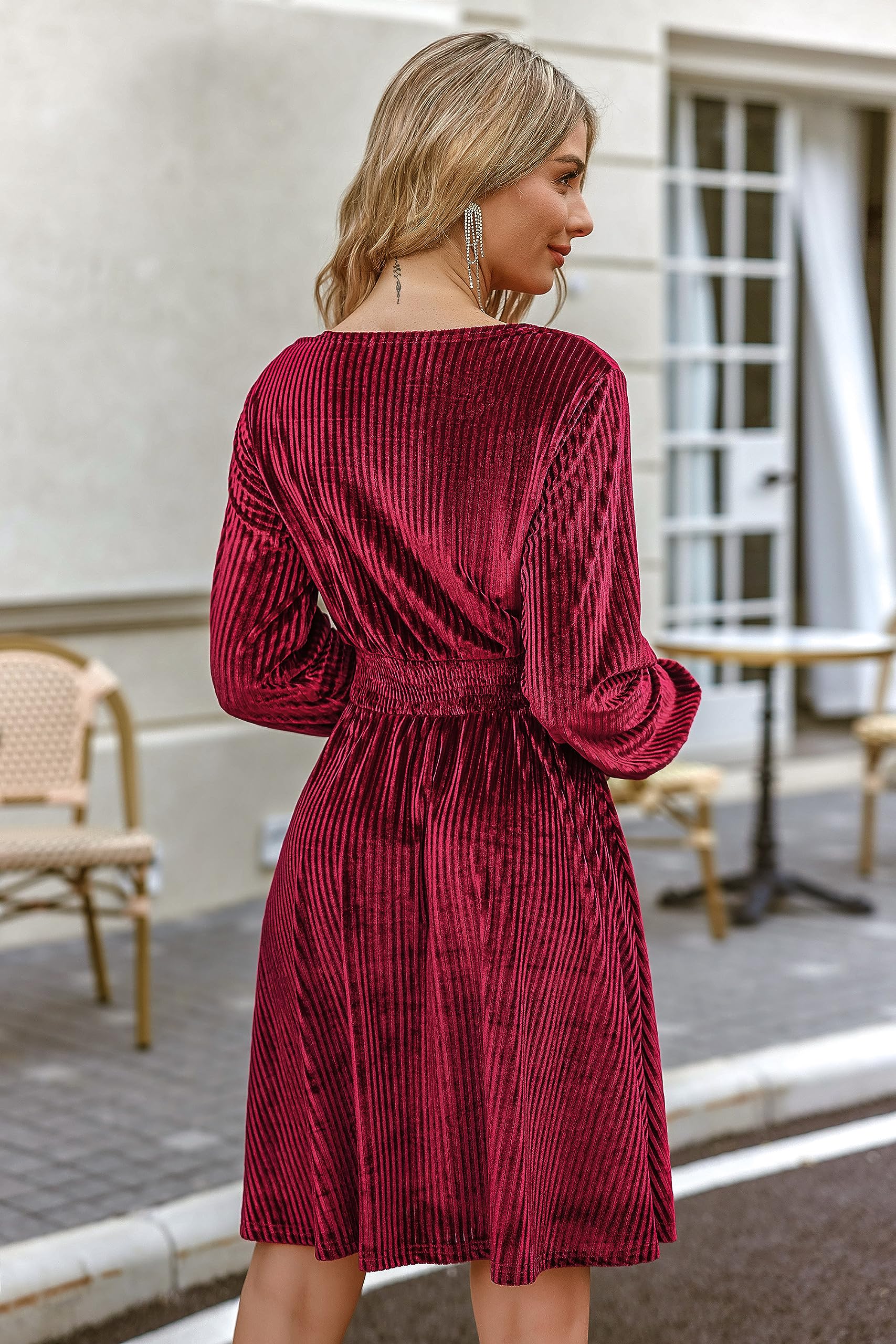 Zeagoo Women Fall Wedding Guest Dresses Plus Size Ladies Long Sleeve Dress Flowy Mini Formal Dinner Dress Wine Red,M