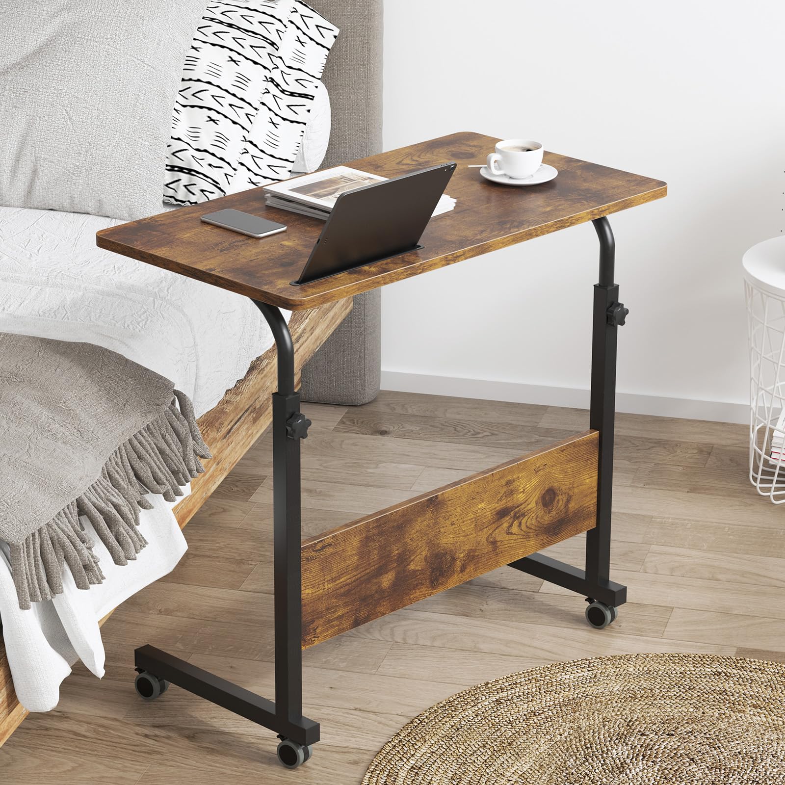 DlandHome Rolling Desk Adjustable Standing Desk, Mobile Side Table 31.4 Inches w/Wheels Adjustable C Table Movable Portable Laptop Computer Stand for Bed Sofa,Retro