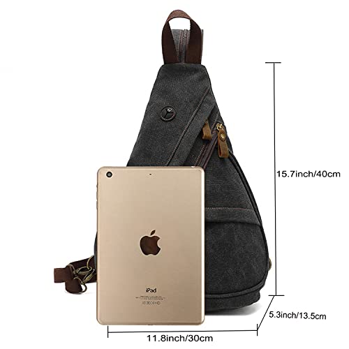 AONETIGER Small Canvas Black Sling Crossbody Backpack Shoulder Bag, Vintage Casual Daypack bag with Leather For Men Women Cycling Hiking Travel
