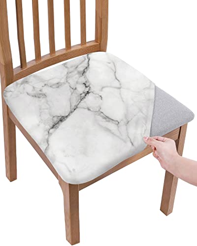 Chair Seat Cover, Marble Texture White Gray Dining Chair Slipcovers Strech Removable Chair Covers Protection for Wedding, Party, Banquets, 13.7"x 13.7" Set of 4