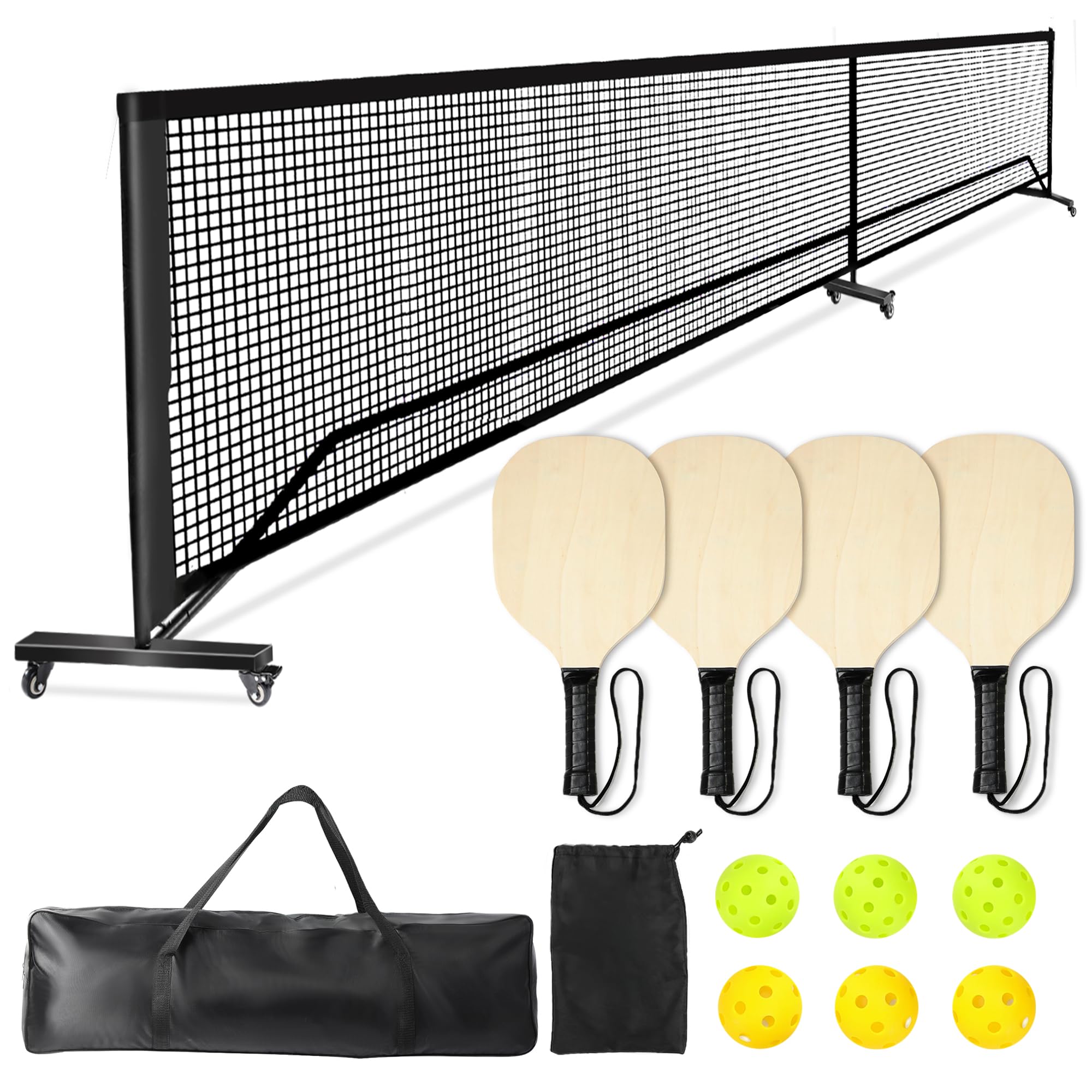 Pickleball Set with Net, Rengue Pickleball Net with Wheels for Driveway Backyard,22FT Regulation Size,4 Pickleball Paddles & 6 Balls, 1 Carry Bag, 1 Ball Bag, Pickleball Set for Indoor Outdoor Play