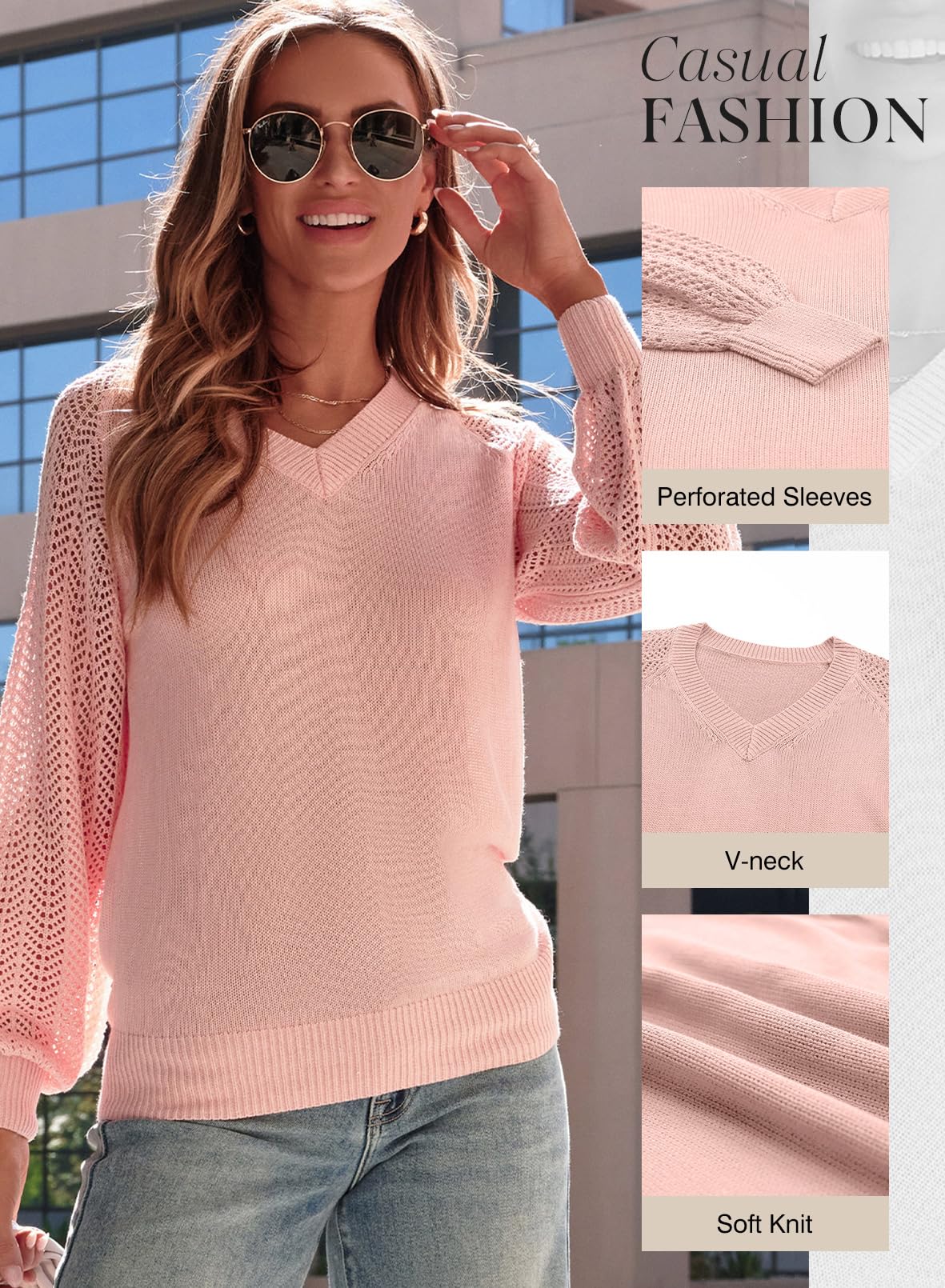 Dokotoo 2025 Fall Sweaters for Women Trendy V Neck Long Puff Sleeve Solid Color Hollow Out Fashion Casual Loose Plain Cable Knit Sweater Pullover Jumper Outerwear Pink Medium