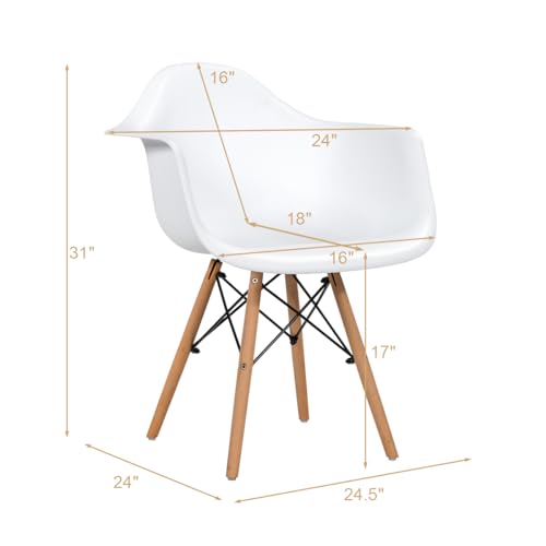 NAFORT Dining Table Chairs Set of 2, White Plastic Shell Chair with Wooden Legs, Backrest & Armrest, Mid Century Modern Style Dinning Chairs for Kitchen, Dining Room & Waiting Room, 2PCs