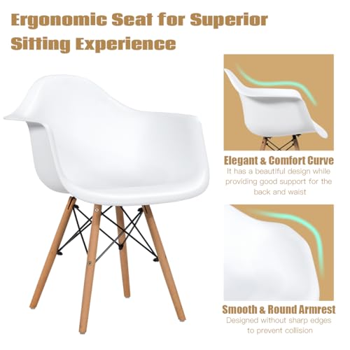 NAFORT Dining Table Chairs Set of 2, White Plastic Shell Chair with Wooden Legs, Backrest & Armrest, Mid Century Modern Style Dinning Chairs for Kitchen, Dining Room & Waiting Room, 2PCs