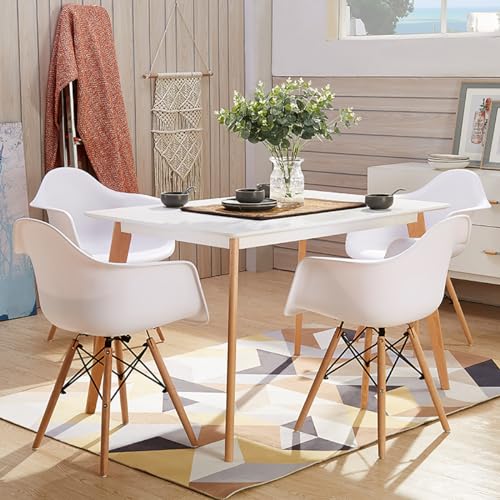 NAFORT Dining Table Chairs Set of 2, White Plastic Shell Chair with Wooden Legs, Backrest & Armrest, Mid Century Modern Style Dinning Chairs for Kitchen, Dining Room & Waiting Room, 2PCs