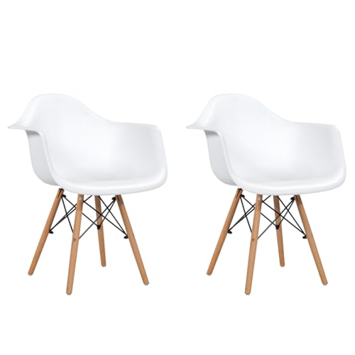 NAFORT Dining Table Chairs Set of 2, White Plastic Shell Chair with Wooden Legs, Backrest & Armrest, Mid Century Modern Style Dinning Chairs for Kitchen, Dining Room & Waiting Room, 2PCs