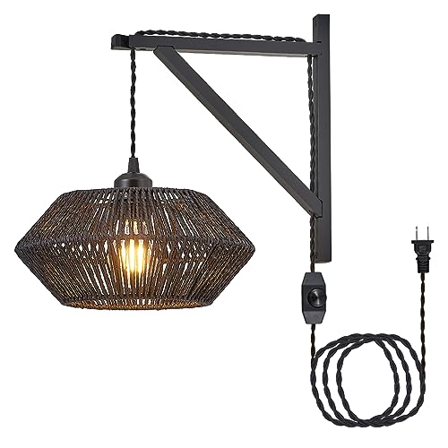 KAMTAT Wall Lamp with Plug in Cord - Farmhouse Hand Woven Black Rattan Wall Light with Wood Shelf Bracket - Vintage Wall Sconces Hanging Lamp Wall Lighting Fixture for Living Room,Bedroom(1PK)