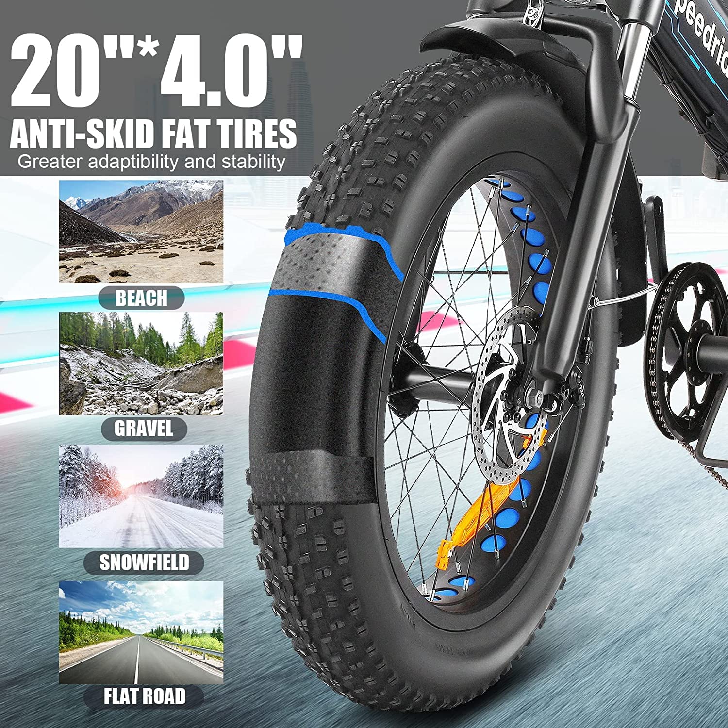 Speedrid Folding Electric Bike for Adults with Peak 800W Motor, 20" x 4.0" Fat Tire Ebike with Mid Located Built-in 48V-10.4Ah Battery, Up to 50 Miles, Front Suspension Fork and 7 Speed