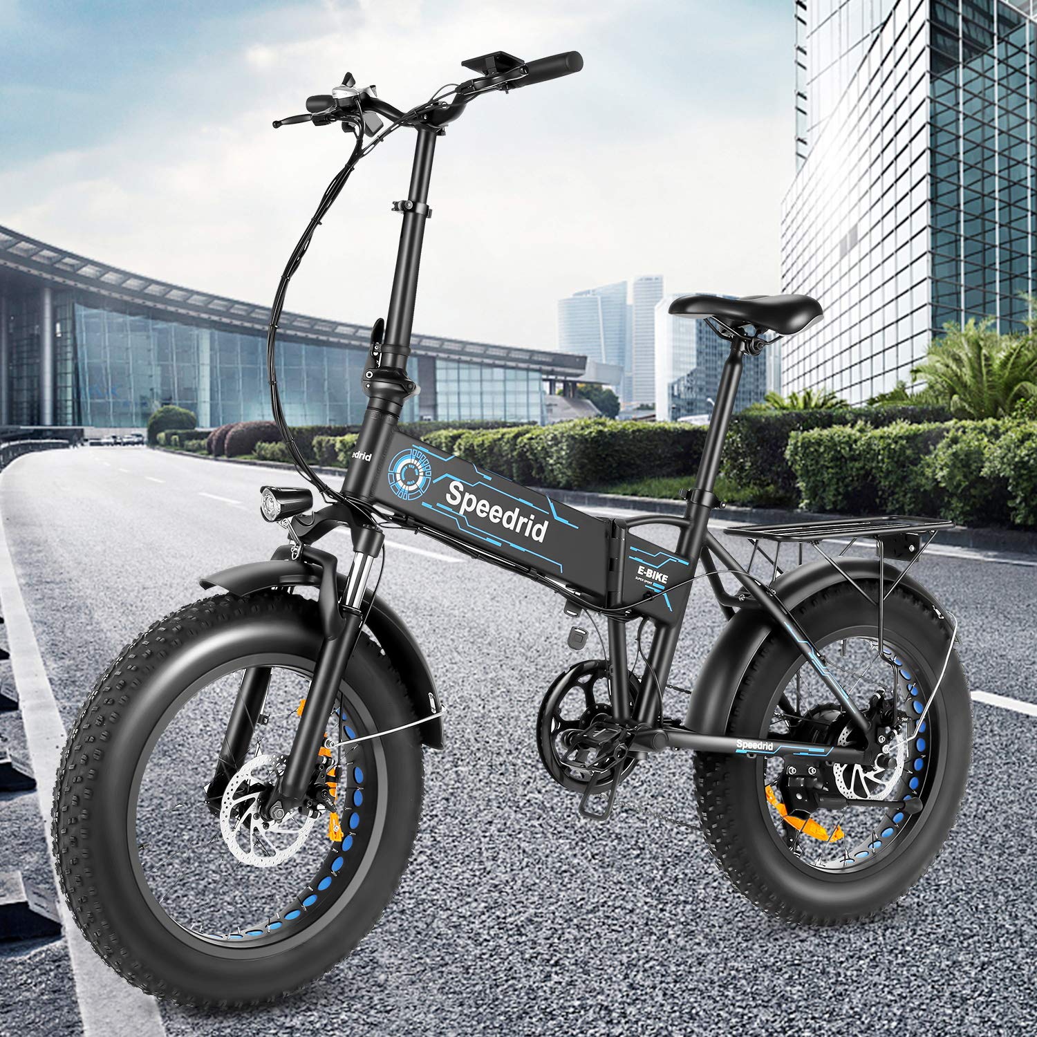 Speedrid Folding Electric Bike for Adults with Peak 800W Motor, 20" x 4.0" Fat Tire Ebike with Mid Located Built-in 48V-10.4Ah Battery, Up to 50 Miles, Front Suspension Fork and 7 Speed