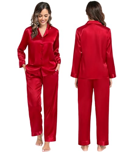 SWOMOG Couples Matching Pajamas Sets Silk Satin Long Sleeve Sleepwear Button Down Loungewear Pjs Set with Long Pants Red