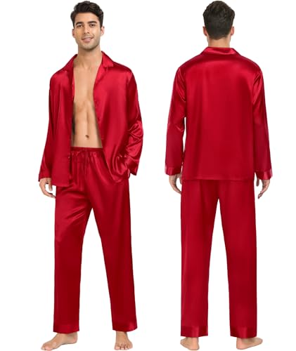 SWOMOG Couples Matching Pajamas Sets Silk Satin Long Sleeve Sleepwear Button Down Loungewear Pjs Set with Long Pants Red