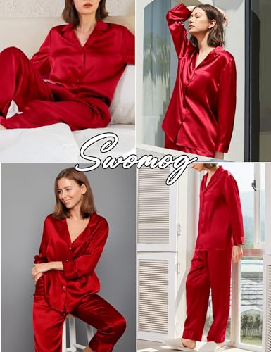SWOMOG Couples Matching Pajamas Sets Silk Satin Long Sleeve Sleepwear Button Down Loungewear Pjs Set with Long Pants Red
