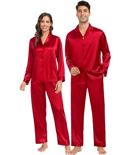 SWOMOG Couples Matching Pajamas Sets Silk Satin Long Sleeve Sleepwear Button Down Loungewear Pjs Set with Long Pants Red