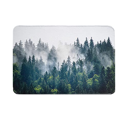 Welcome Doormat Nature Foggy Forest Green Misty Trees,Rubber Backing Kitchen Carpet Mountain Landscape Art,Durable Washable Entry Rugs for Bedroom Dining Room Front Door Decor 16x24In