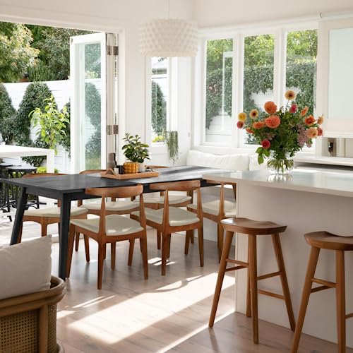 2xhome Set of 2 Solid Wooden Dining Chairs | Upholstered Beige Cloth Linen Cushioned Seat | Modern Farmhouse Elbow Side Chair | Home, Kitchen, Office, Meetings (Espresso-Beige Seat)