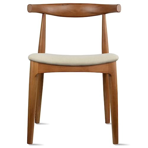 2xhome Set of 2 Solid Wooden Dining Chairs | Upholstered Beige Cloth Linen Cushioned Seat | Modern Farmhouse Elbow Side Chair | Home, Kitchen, Office, Meetings (Espresso-Beige Seat)
