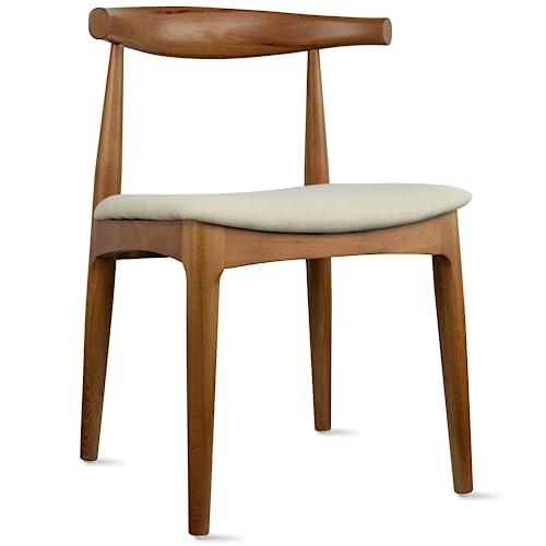 2xhome Set of 2 Solid Wooden Dining Chairs | Upholstered Beige Cloth Linen Cushioned Seat | Modern Farmhouse Elbow Side Chair | Home, Kitchen, Office, Meetings (Espresso-Beige Seat)