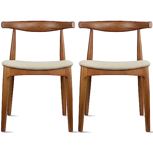 2xhome Set of 2 Solid Wooden Dining Chairs | Upholstered Beige Cloth Linen Cushioned Seat | Modern Farmhouse Elbow Side Chair | Home, Kitchen, Office, Meetings (Espresso-Beige Seat)