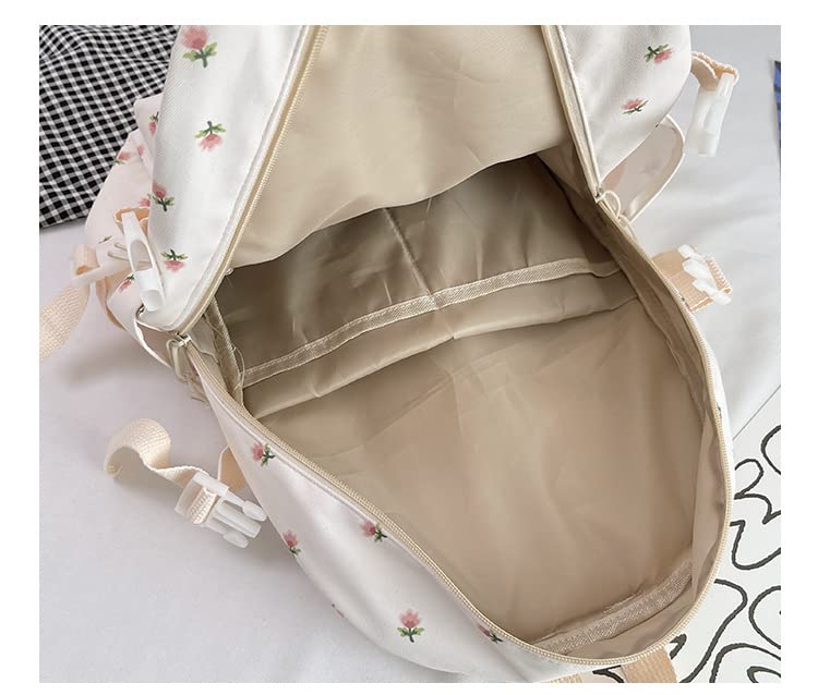 Floral Backpack with Kawaii Plush Puppy Pendant Accessories Cute Multi-Pockets Aesthetic Back to School Bookbag Laptop (White)