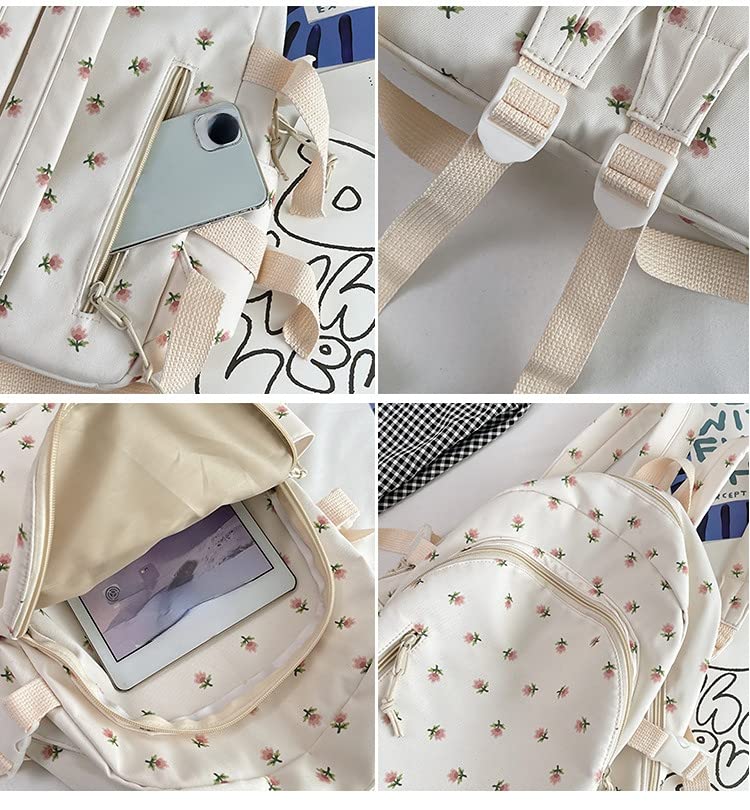 Floral Backpack with Kawaii Plush Puppy Pendant Accessories Cute Multi-Pockets Aesthetic Back to School Bookbag Laptop (White)