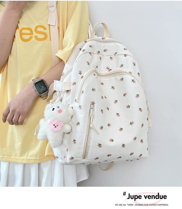 Floral Backpack with Kawaii Plush Puppy Pendant Accessories Cute Multi-Pockets Aesthetic Back to School Bookbag Laptop (White)