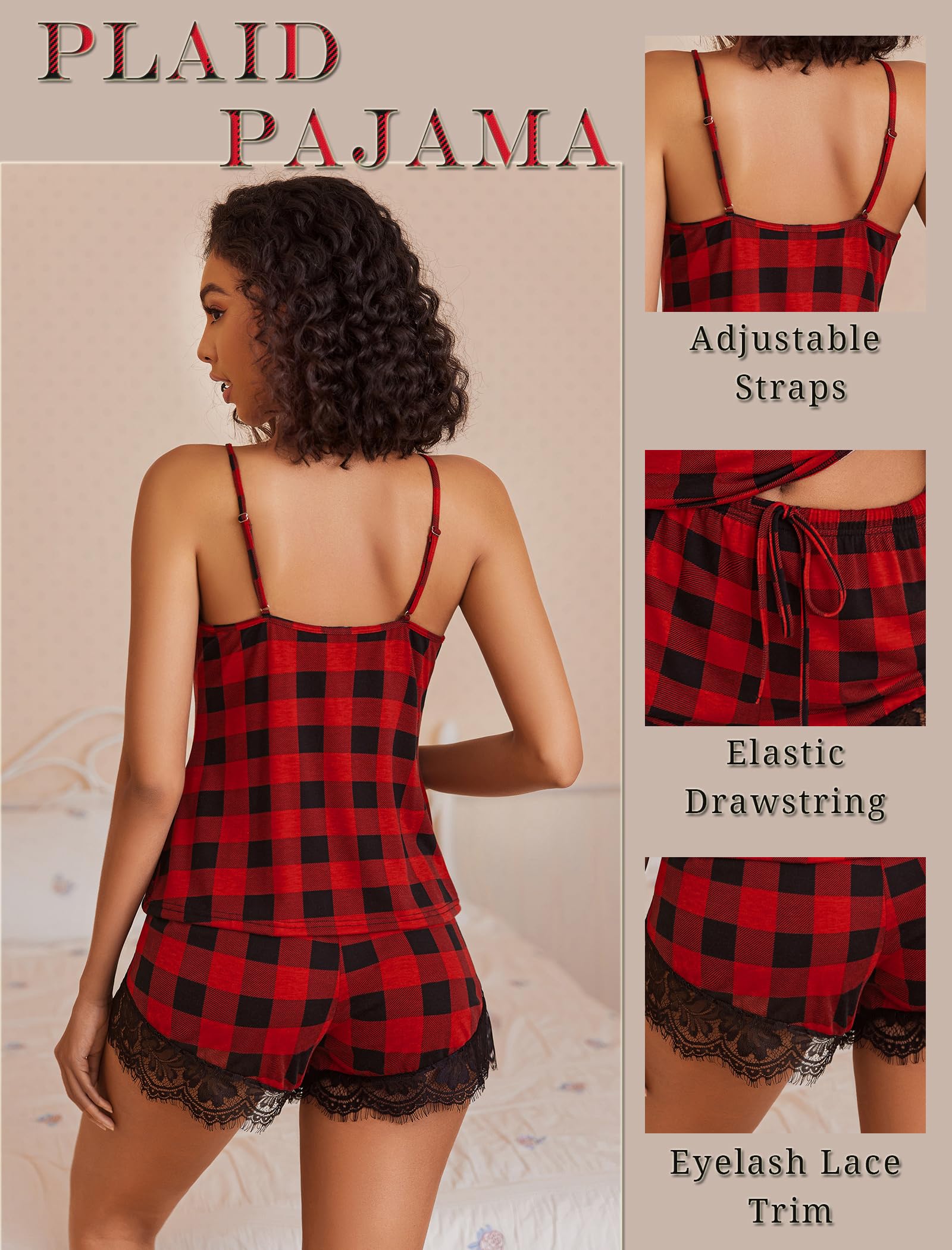 Avidlove Pajama Set for Women Cami Shorts Pj Set Two Piece Red and Black Plaid Pajama(Red Plaid,L)