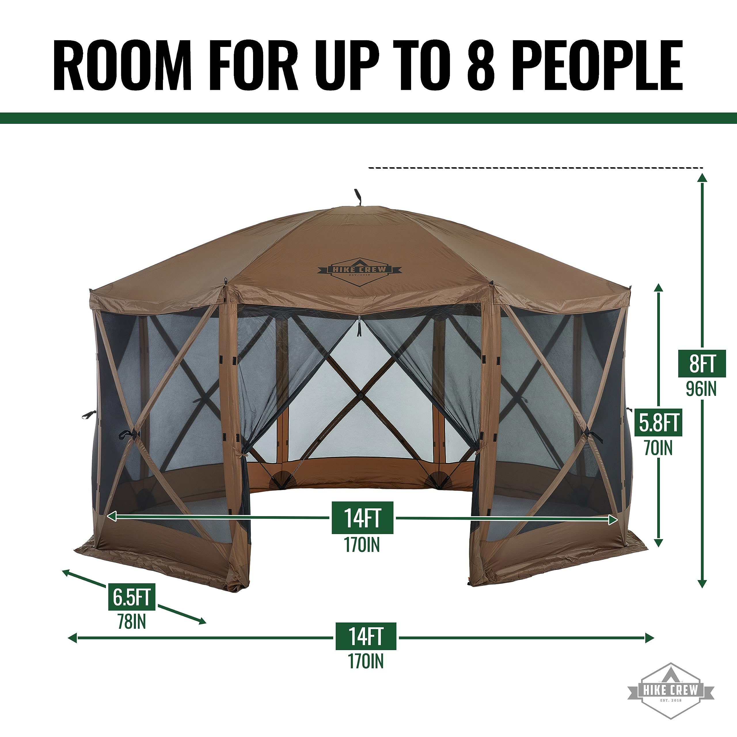 Hike Crew Extra Large 14.5’ x 14.5’ Pop-Up Gazebo Screen Tent | Screened 8-Sided Instant Outdoor Canopy Shelter w/Stakes, Ropes & Carry Bag for Camping, Sports, Picnic Table | UV Resistant SPF 50+