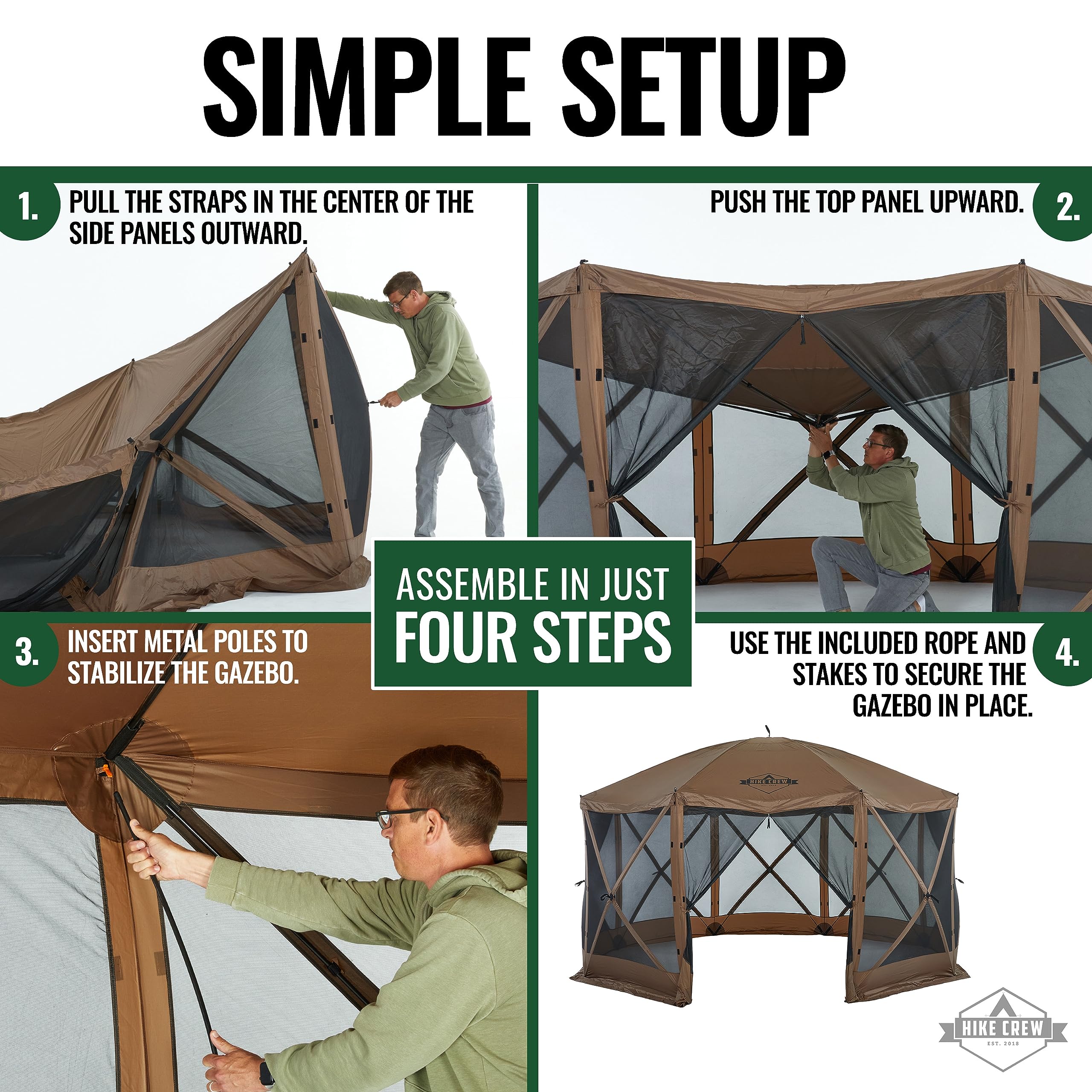 Hike Crew Extra Large 14.5’ x 14.5’ Pop-Up Gazebo Screen Tent | Screened 8-Sided Instant Outdoor Canopy Shelter w/Stakes, Ropes & Carry Bag for Camping, Sports, Picnic Table | UV Resistant SPF 50+