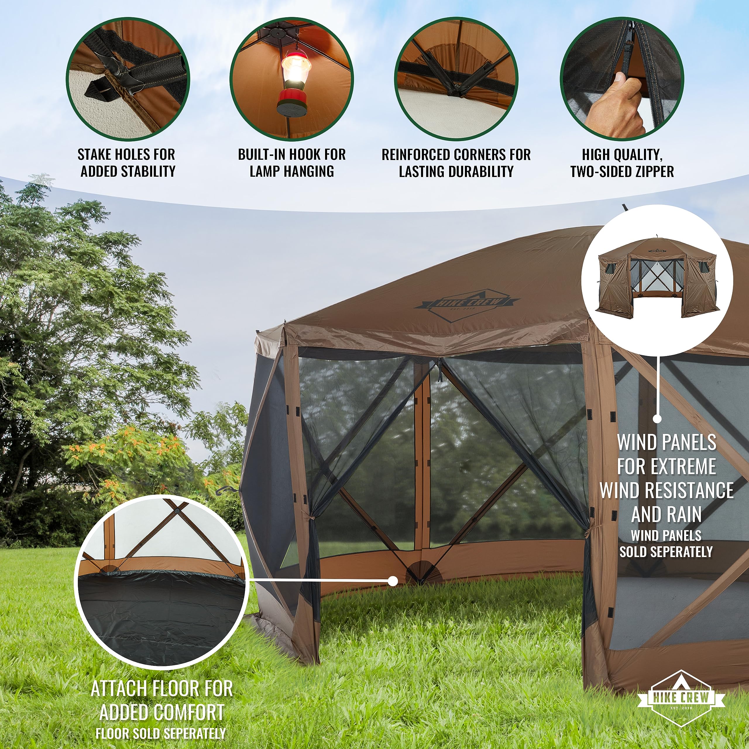 Hike Crew Extra Large 14.5’ x 14.5’ Pop-Up Gazebo Screen Tent | Screened 8-Sided Instant Outdoor Canopy Shelter w/Stakes, Ropes & Carry Bag for Camping, Sports, Picnic Table | UV Resistant SPF 50+