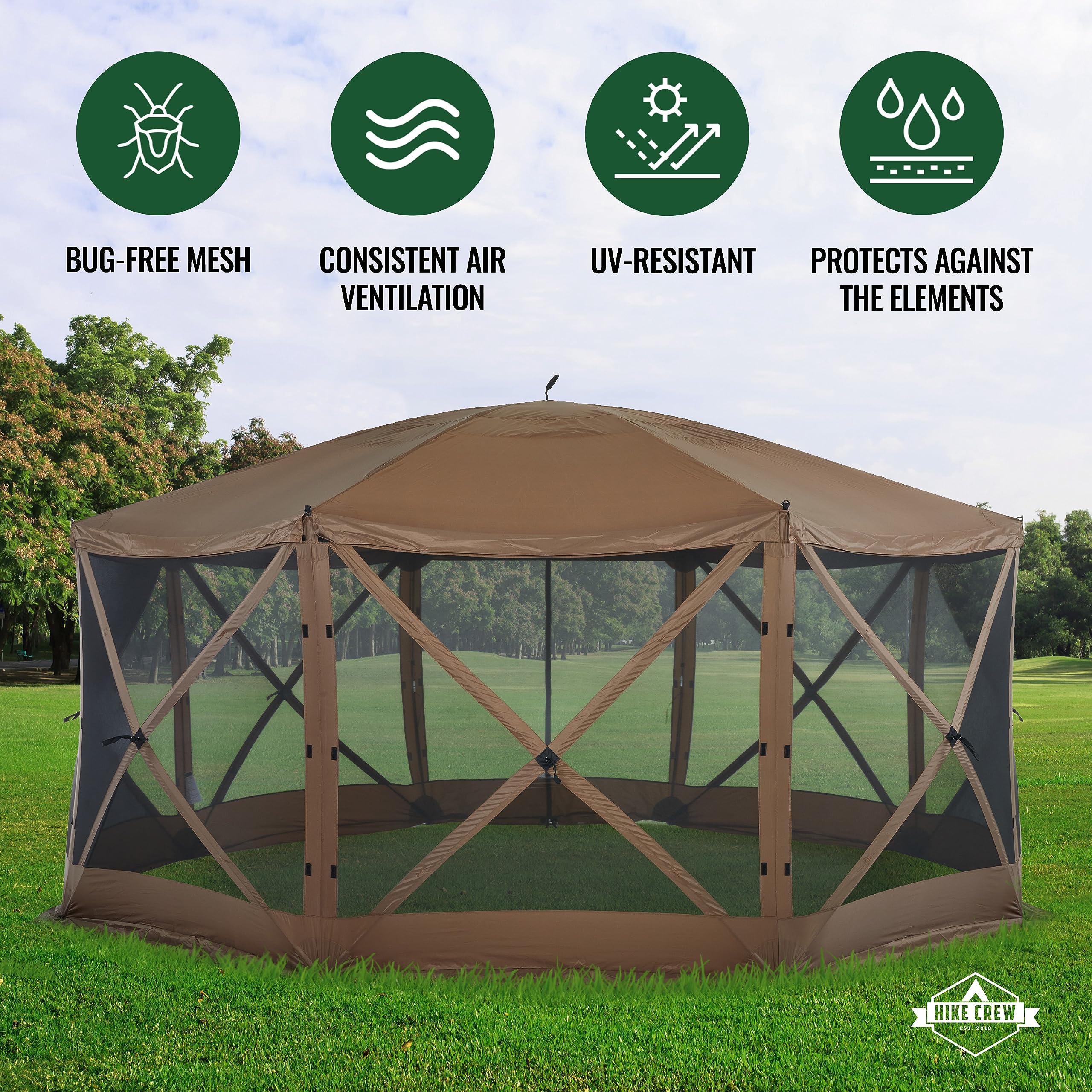 Hike Crew Extra Large 14.5’ x 14.5’ Pop-Up Gazebo Screen Tent | Screened 8-Sided Instant Outdoor Canopy Shelter w/Stakes, Ropes & Carry Bag for Camping, Sports, Picnic Table | UV Resistant SPF 50+