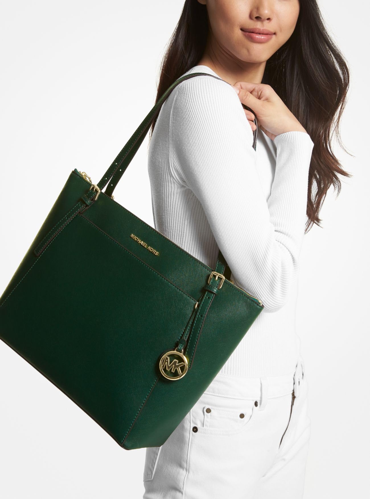 Michael Kors Voyager Large East West Tote Front Snap Pocket Top Zip Shoulder Bag Leather (Racing Green)