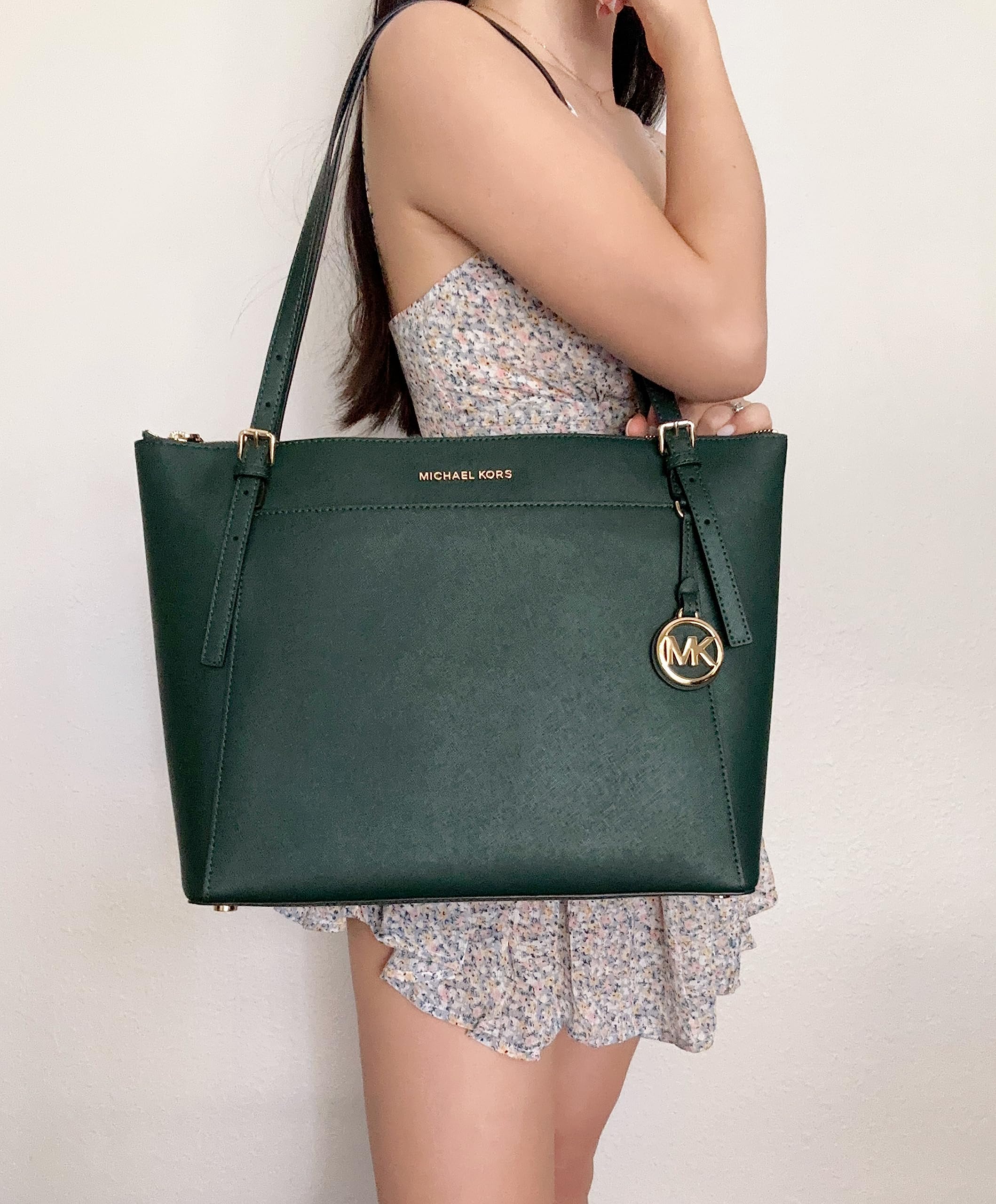 Michael Kors Voyager Large East West Tote Front Snap Pocket Top Zip Shoulder Bag Leather (Racing Green)