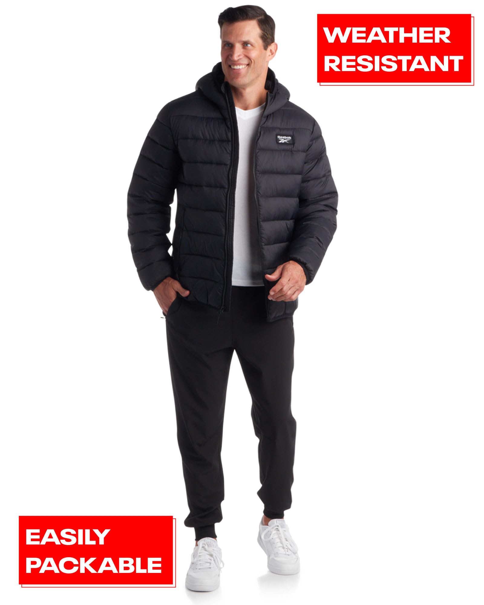 Reebok Men's Jacket β Lightweight Hooded Quilted Puffer Coat β Warm Insulated Winter Jacket for Men (S-4X), Size Large, Solid Black