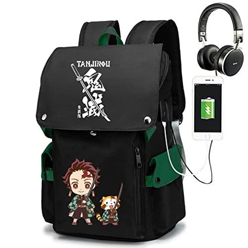 KQNFFN Anime Cosplay Backpack Black Daypack Polyester USB Laptop Backpack for for Anime Fans Boys Girls Kids (Green)