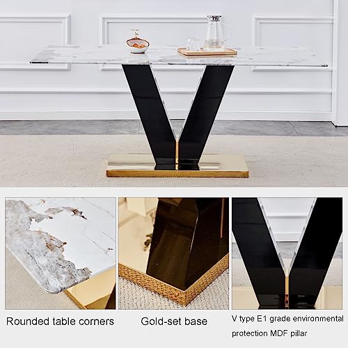 gopop Dining Table Set for 8,Modern Marble Dining Table Set,71'' Rectangular Glass Dinner Table and 8 Light Grey PU Chairs, Marble Texture Kitchen & Dining Room Sets,Ideal for Living Room