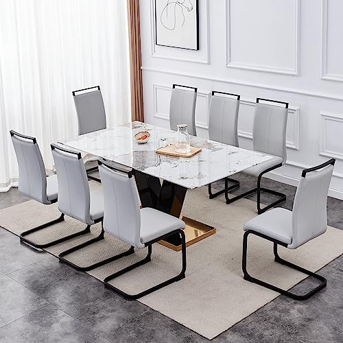 gopop Dining Table Set for 8,Modern Marble Dining Table Set,71'' Rectangular Glass Dinner Table and 8 Light Grey PU Chairs, Marble Texture Kitchen & Dining Room Sets,Ideal for Living Room