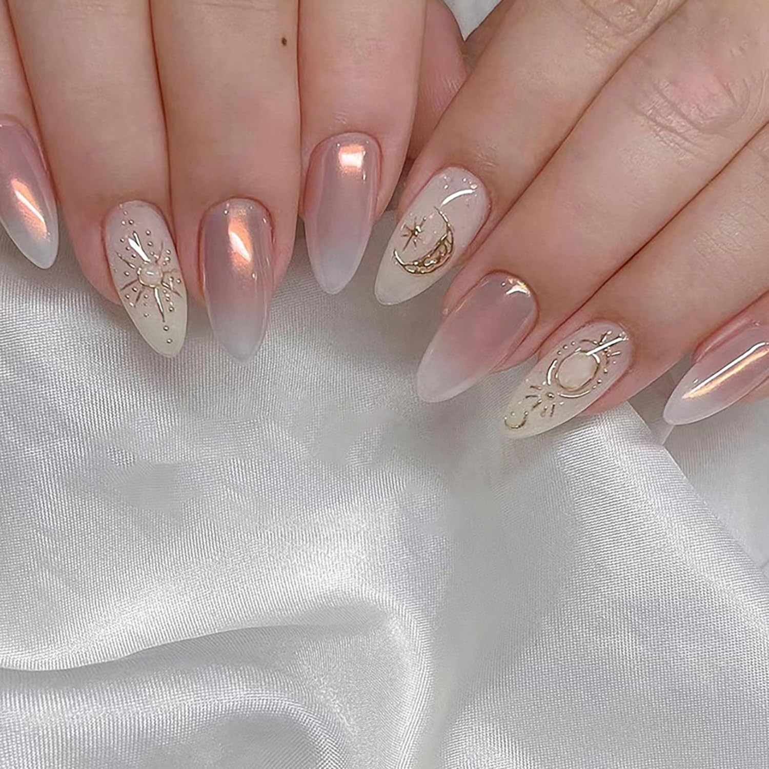 24Pcs Almond Press on Nails Medium Ombre Pink Fake Nails Gold Star Moon Nail Glossy Designs Nail Art Supplies Full Cover Artificial Nail Glue on Nails French False Nails for Women Girls Acrylic Nail