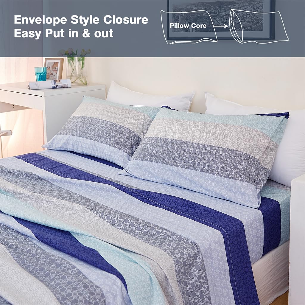 JSD Striped Sheet Set Full Size, 4 Piece Soft Printed Microfiber Sheet Set Extra Deep Pocket