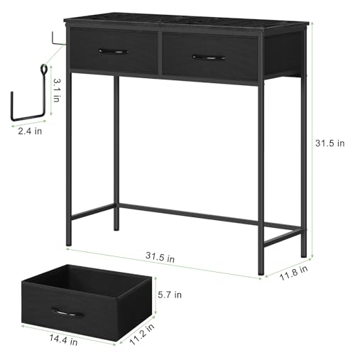 Console Table with 2 Drawers, Black Entryway Table with Storage, 31.5" Behind Couch Table Skinny Small with Hooks and Fabric Drawers, Sofa Table Hallway Table for Entryway, Living Room