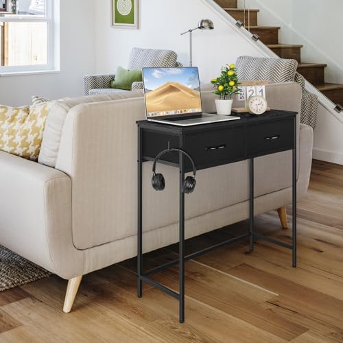 Console Table with 2 Drawers, Black Entryway Table with Storage, 31.5" Behind Couch Table Skinny Small with Hooks and Fabric Drawers, Sofa Table Hallway Table for Entryway, Living Room