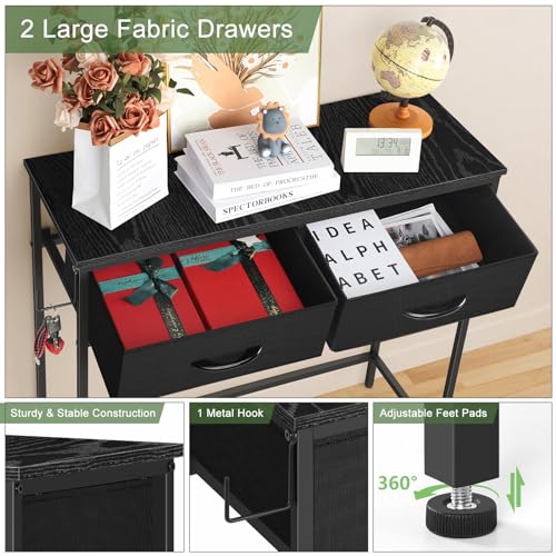 Console Table with 2 Drawers, Black Entryway Table with Storage, 31.5" Behind Couch Table Skinny Small with Hooks and Fabric Drawers, Sofa Table Hallway Table for Entryway, Living Room