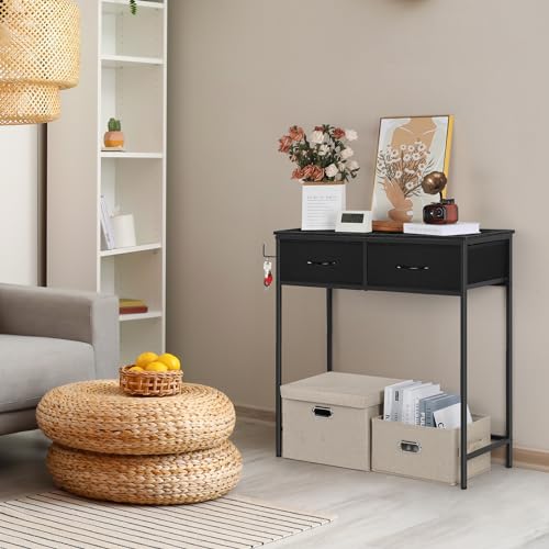 Console Table with 2 Drawers, Black Entryway Table with Storage, 31.5" Behind Couch Table Skinny Small with Hooks and Fabric Drawers, Sofa Table Hallway Table for Entryway, Living Room
