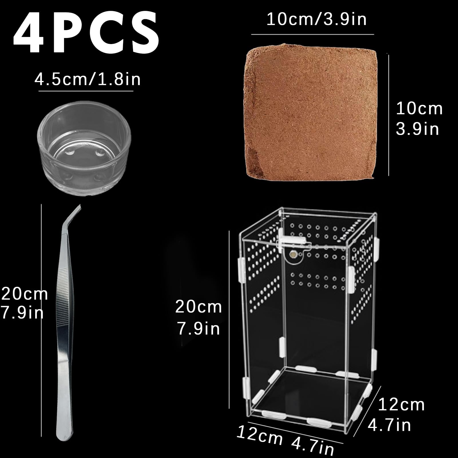 TREELF Micro Habitat Terrarium Kit (4pc Set) - Acrylic Reptile & Spider Enclosure (4.7 * 4.7 * 8 Inches)