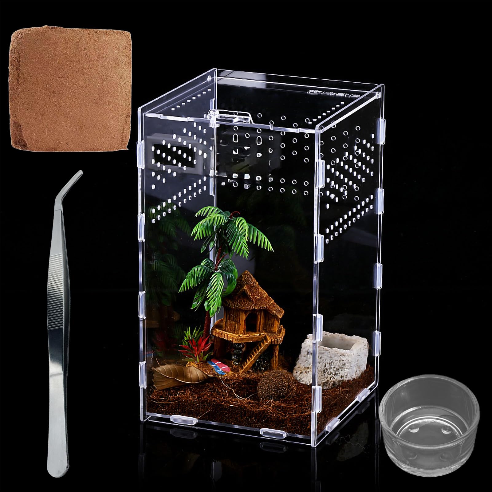 TREELF Micro Habitat Terrarium Kit (4pc Set) - Acrylic Reptile & Spider Enclosure (4.7 * 4.7 * 8 Inches)