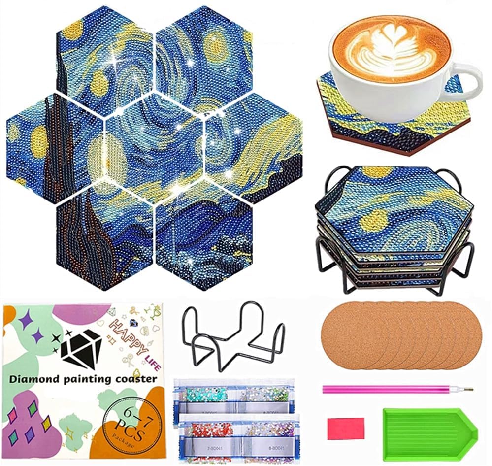 Diamond Painting Kits Coasters Starry Night, 7 PCS Diamond Art Hexagonal Coasters with Holder, Small Diamond Painting Kits for Adults Beginners