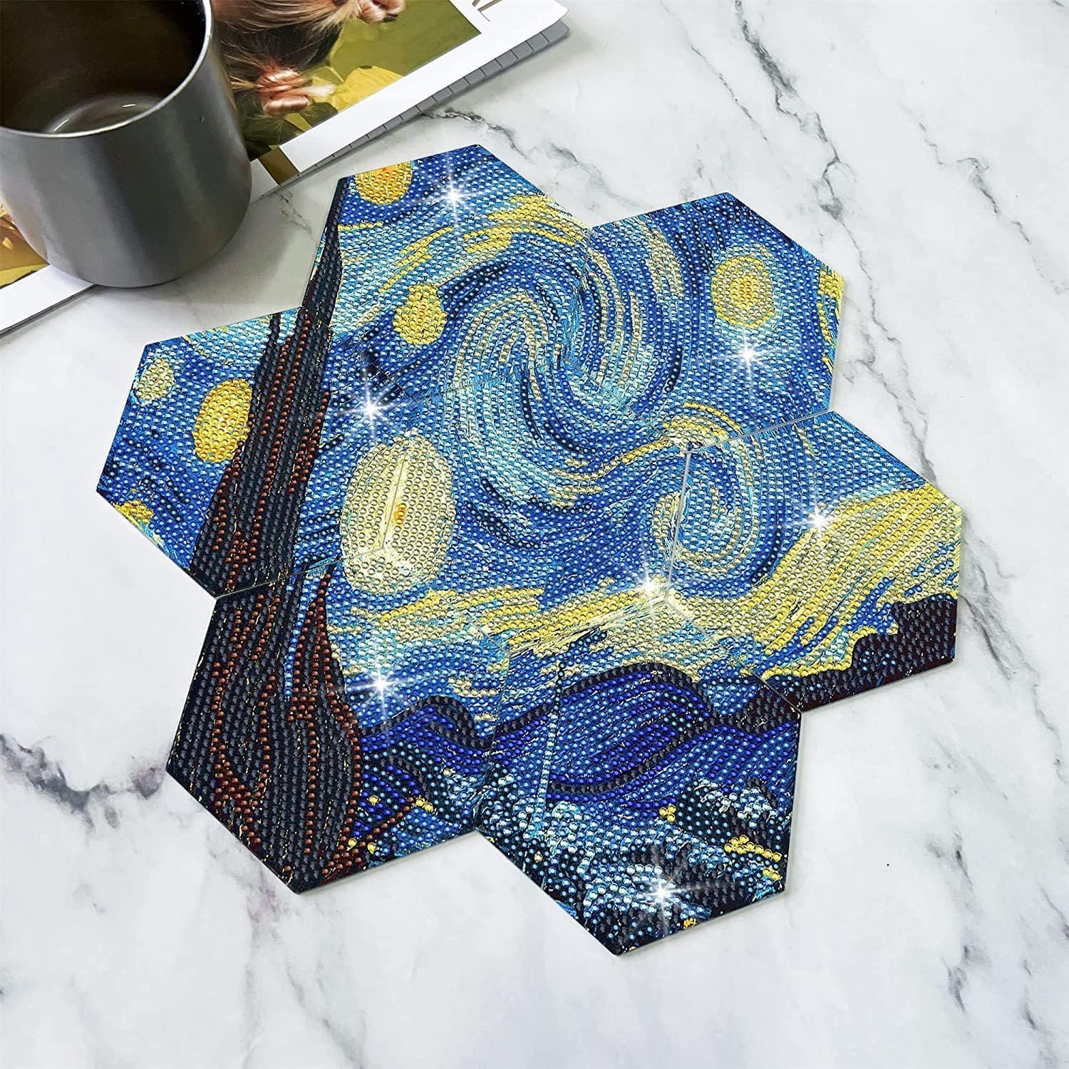 Diamond Painting Kits Coasters Starry Night, 7 PCS Diamond Art Hexagonal Coasters with Holder, Small Diamond Painting Kits for Adults Beginners